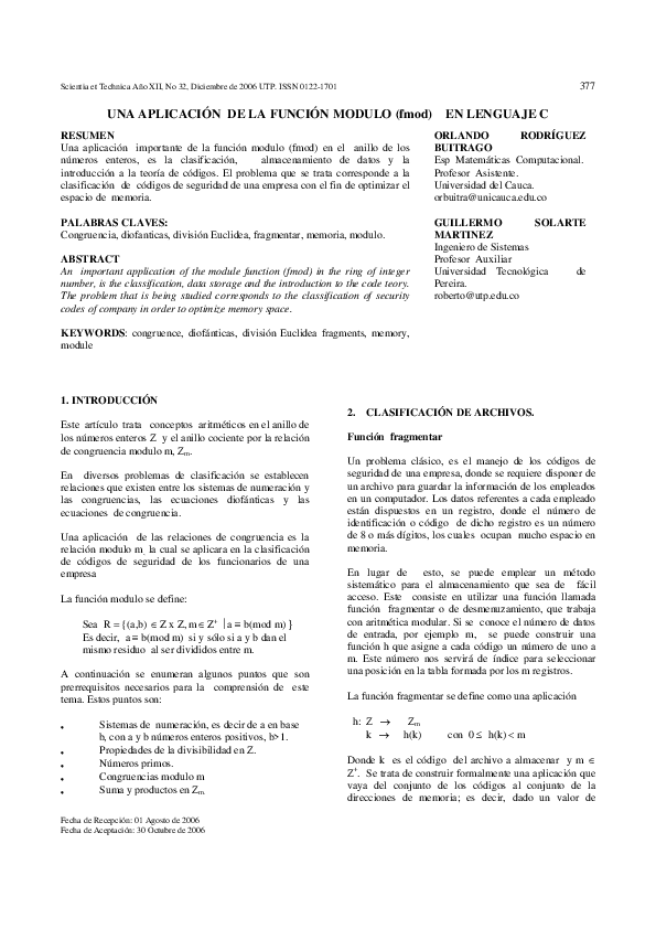 (PDF) UNA APLICACIÓN DE LA FUNCIÓN MODULO (fmod) EN LENGUAJE C