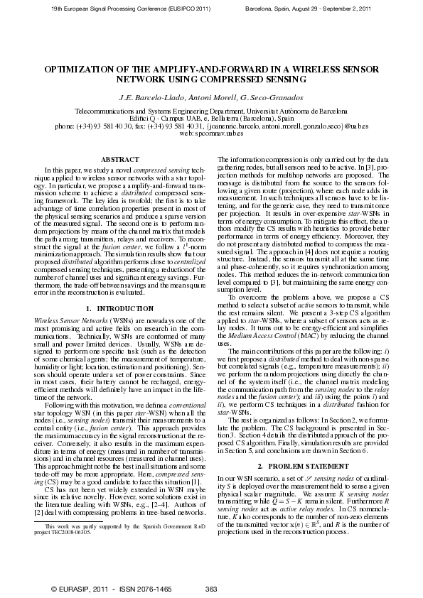 Pdf Optimization Of The Amplify And Forward In A Wireless Sensor Network Using Compressed Sensing