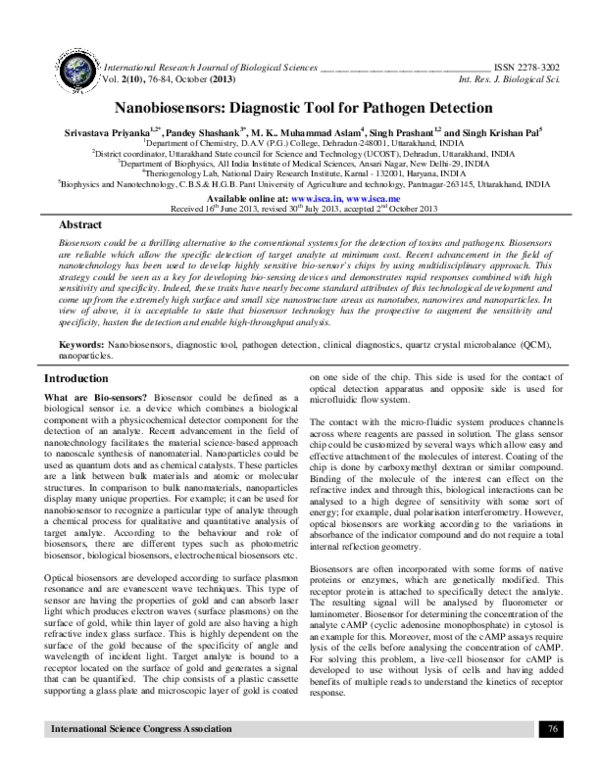 (PDF) Nanobiosensors: Diagnostic Tool for Pathogen Detection