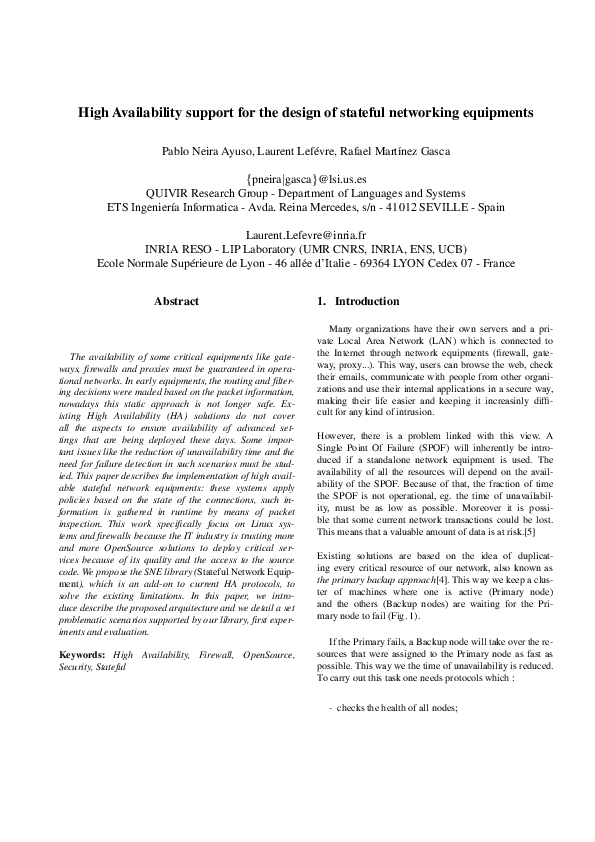 (PDF) High Availability support for the design of stateful networking equipments