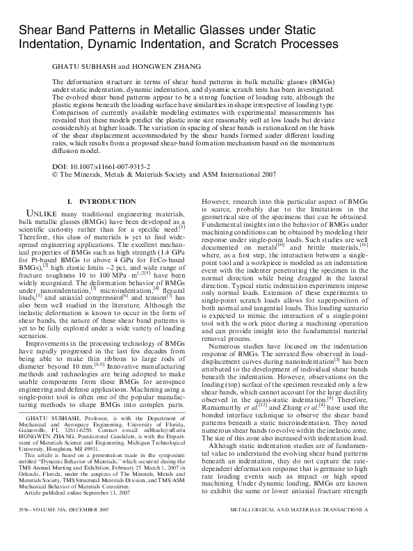(PDF) Shear Band Patterns in Metallic Glasses under Static Indentation, Dynamic Indentation, and ...
