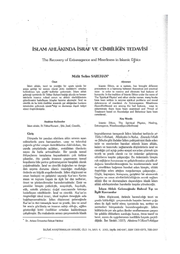(PDF) İSLAM AHLAKıNDA İSRAF VE CİMRİLİGİN TEDAVİSİ The. Recovery of ...