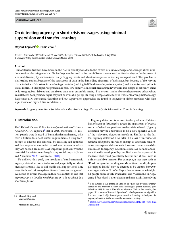 (PDF) On detecting urgency in short crisis messages using minimal supervision and transfer learning