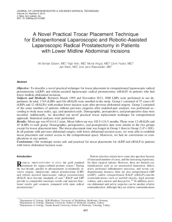 (PDF) A Novel Practical Trocar Placement Technique for Extraperitoneal ...