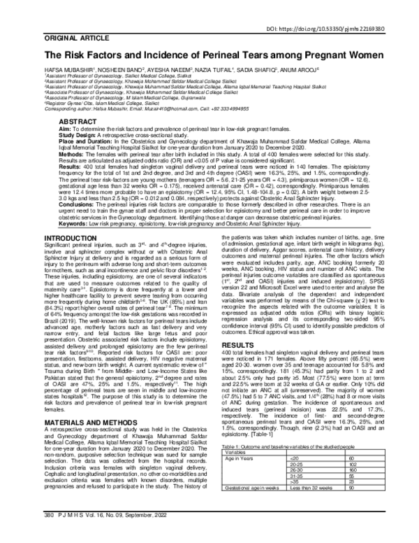 (PDF) The Risk Factors and Incidence of Perineal Tears among Pregnant Women