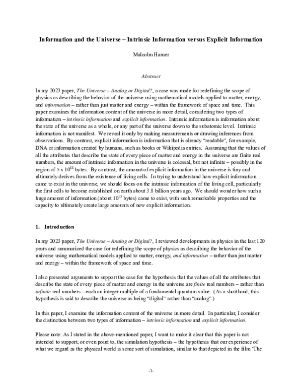 (PDF) Information and the Universe - Intrinsic Information versus ...