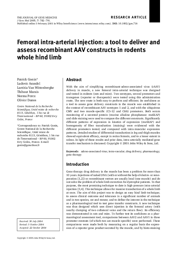 (PDF) Femoral intra-arterial injection: a tool to deliver and assess ...