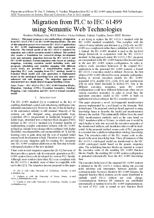 (PDF) Migration From PLC to IEC 61499 Using Semantic Web Technologies | Victor Dubinin ...
