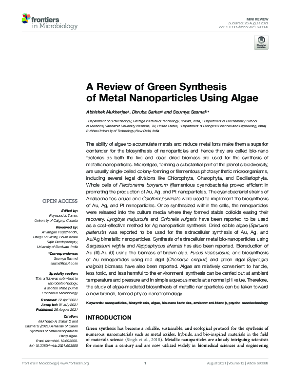 (PDF) A Review of Green Synthesis of Metal Nanoparticles Using Algae