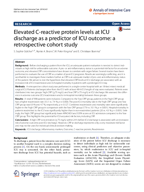(PDF) Elevated C-reactive protein levels at ICU discharge as a predictor of ICU outcome: a ...