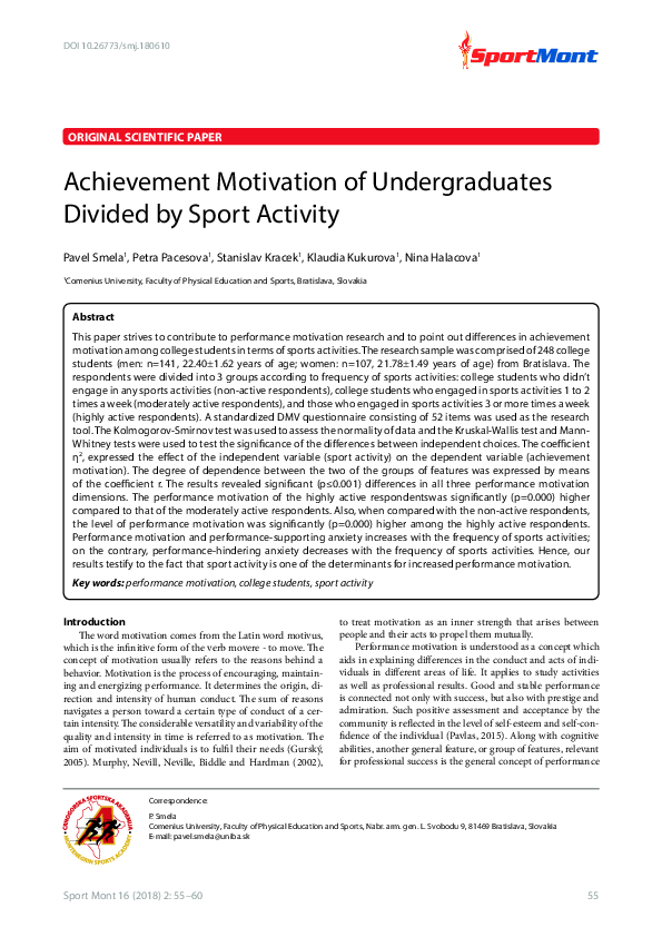 (PDF) Achievement Motivation of Undergraduates Divided by Sport Activity