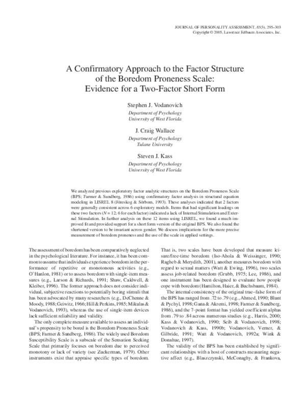 (PDF) A Confirmatory Approach to the Factor Structure of the Boredom Proneness Scale: Evidence ...