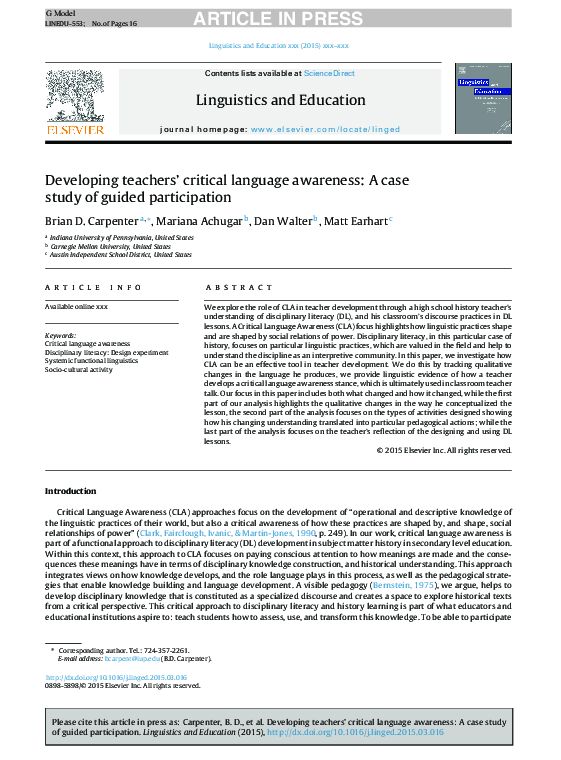 (PDF) Developing teachers’ critical language awareness: A case study of ...