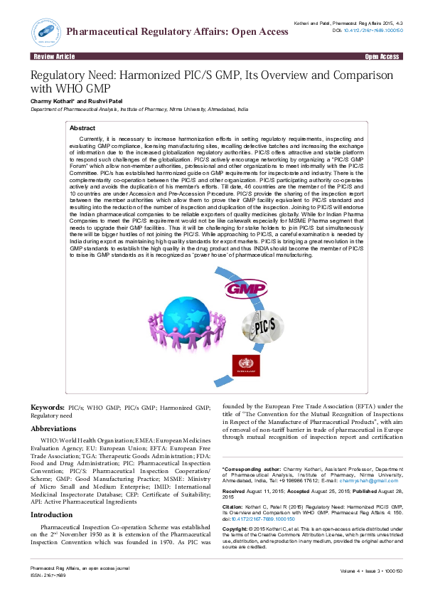 (PDF) Regulatory Need: Harmonized PIC/S GMP, Its Overview and ...