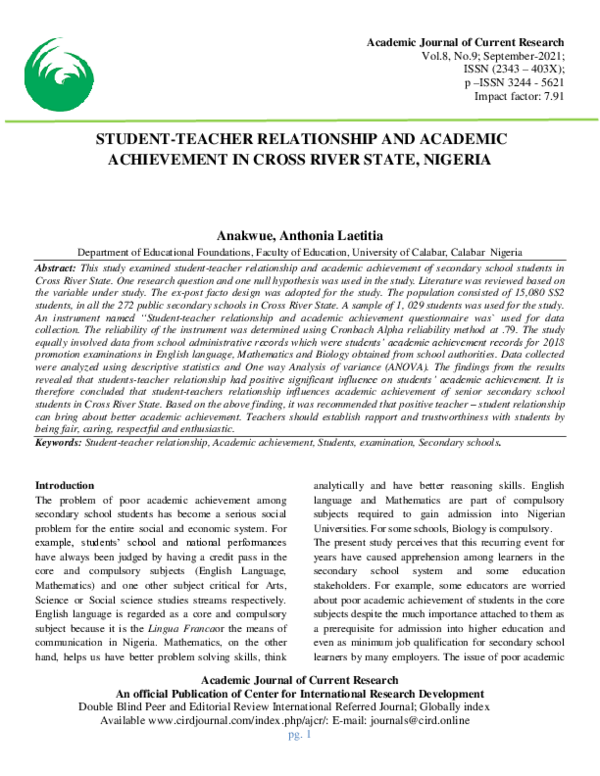 (PDF) STUDENT-TEACHER RELATIONSHIP AND ACADEMIC ACHIEVEMENT IN CROSS ...