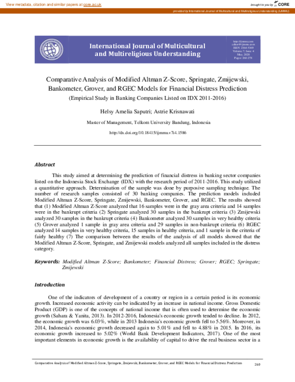 (PDF) Comparative Analysis of Modified Altman Z-Score, Springate, Zmijewski, Bankometer, Grover ...