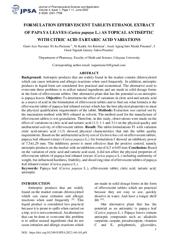 (PDF) FORMULATION EFFERVESCENT TABLETS ETHANOL EXTRACT OF PAPAYA LEAVES ...