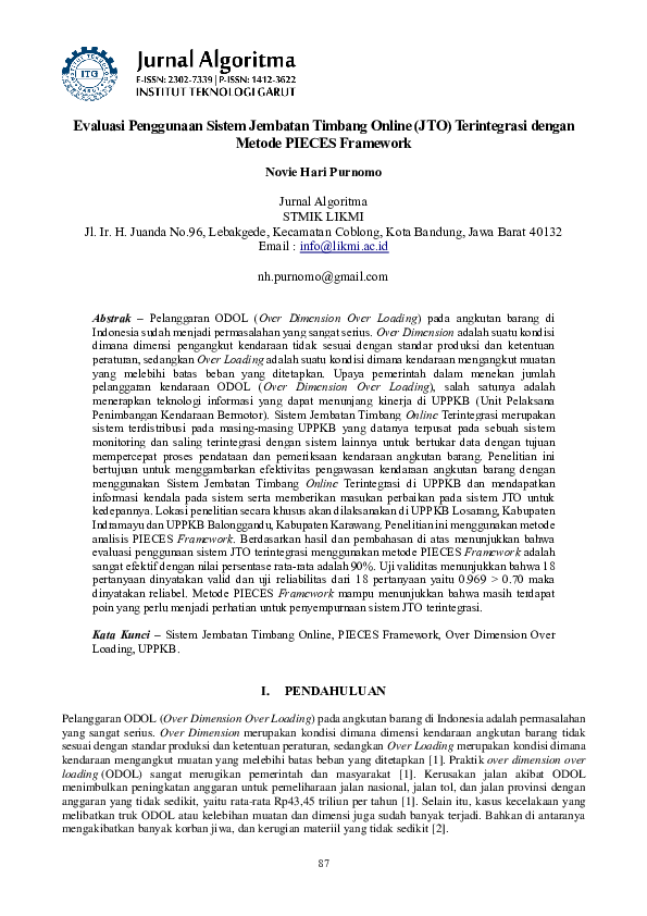 (PDF) Evaluasi Penggunaan Sistem Jembatan Timbang Online (JTO) Terintegrasi dengan Metode PIECES ...