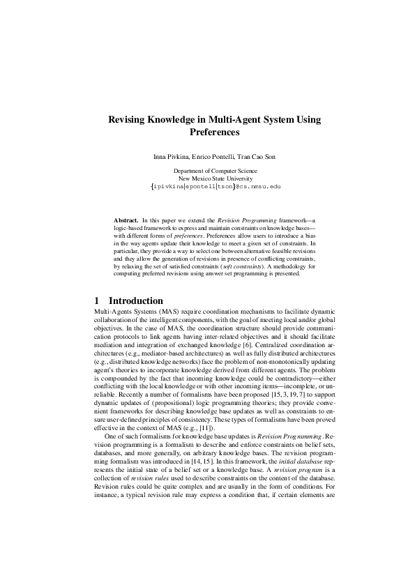 Pdf Revising Knowledge In Multi Agent System Using Preferences