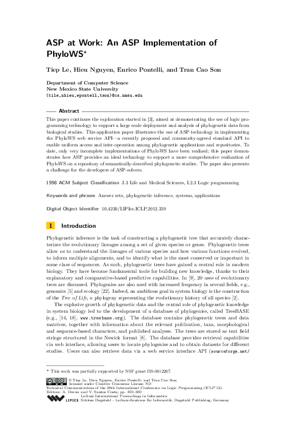 (PDF) ASP at work: an ASP implementation of PhyloWS