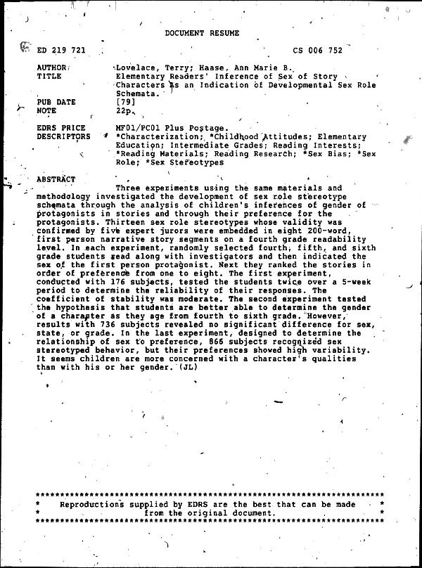 Pdf Elementary Readers Inference Of Sex Of Story Characters As An