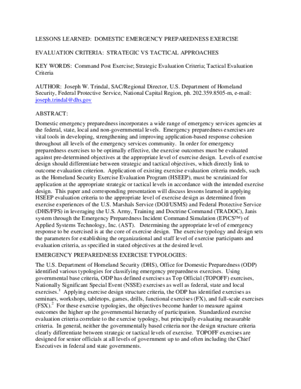 (PDF) Lessons Learned: Domestic Emergency Preparedness Exercise Evaluation Criteria - Strategic ...