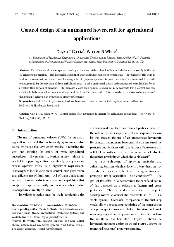 (PDF) Control design of an unmanned hovercraft for agricultural applications
