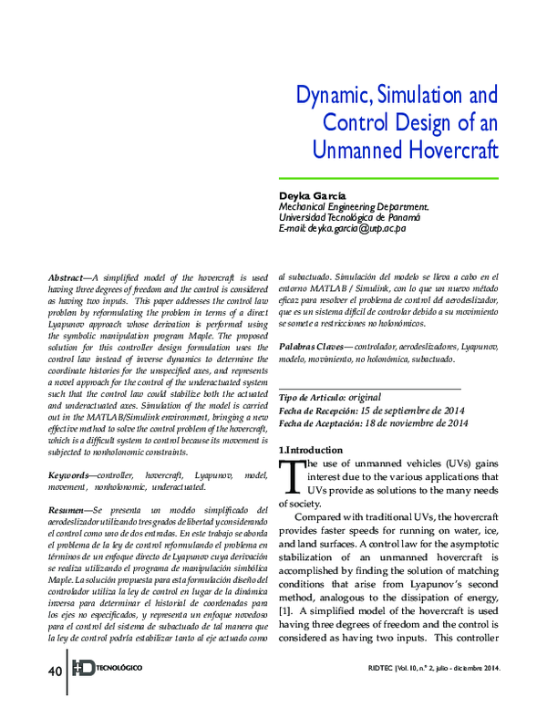 (PDF) Dynamic, Simulation and Control Design of an Unmanned Hovercraft