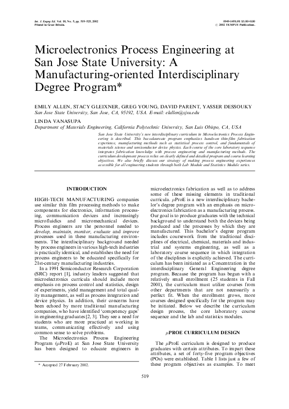 (PDF) Microelectronics process engineering at San Jose State University ...