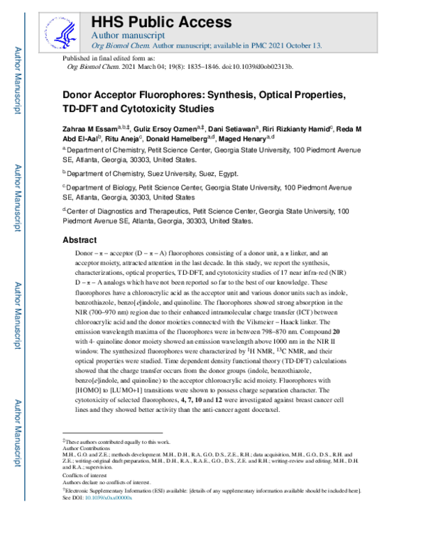 (PDF) Donor acceptor fluorophores: synthesis, optical properties, TD-DFT and cytotoxicity studies