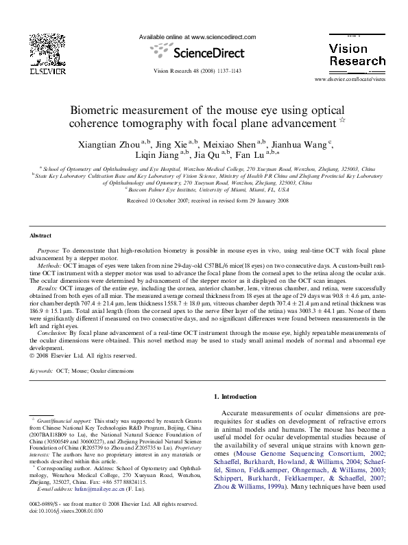 (PDF) Biometric measurement of the mouse eye using optical coherence ...