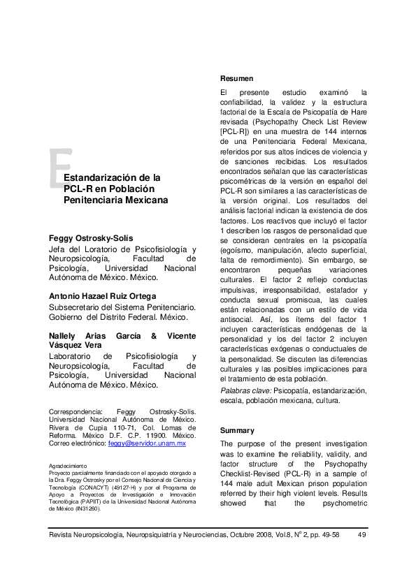(PDF) Estandarización de la PCL-R en Población Penitenciaria Mexicana