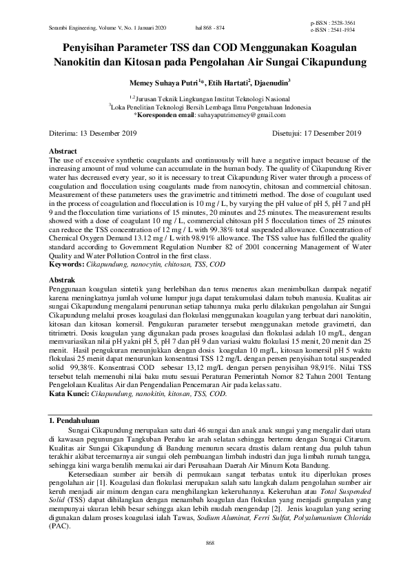 (PDF) Penyisihan Parameter TSS dan COD Menggunakan Koagulan Nanokitin dan Kitosan pada ...