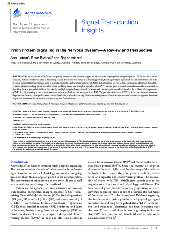 (PDF) Prion Protein Signaling in the Nervous System—A Review and ...