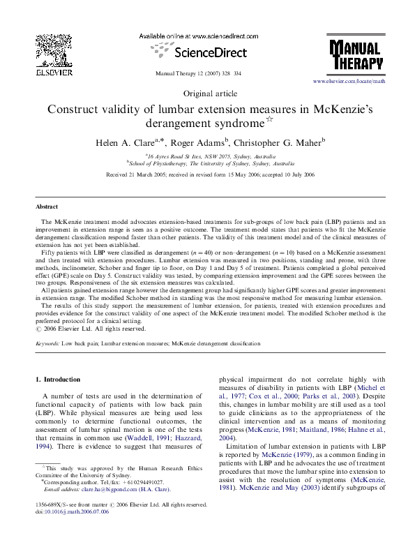 (PDF) Construct validity of lumbar extension measures in McKenzie's ...