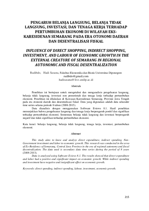 (PDF) Pengaruh Belanja Langsung, Belanja Tidak Langsung, Investasi, Dan Tenaga Kerja Terhadap ...
