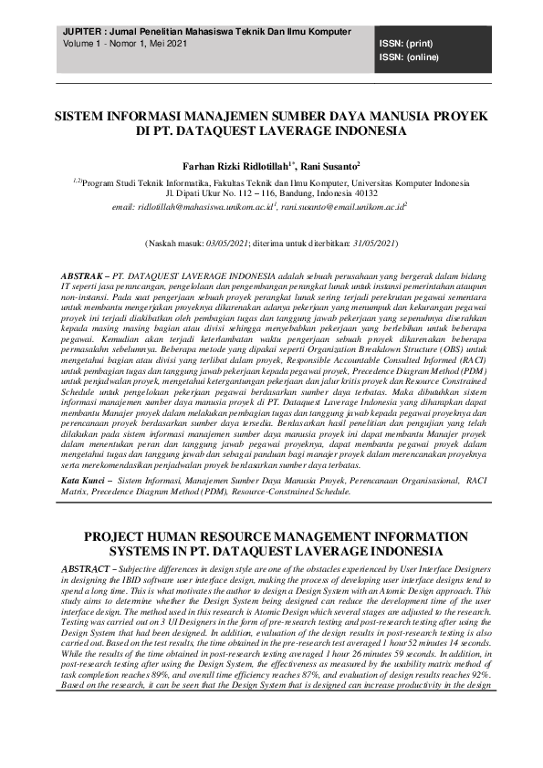 (PDF) Sistem Informasi Manajemen Sumber Daya Manusia Proyek DI Pt. Dataquest Laverage Indonesia