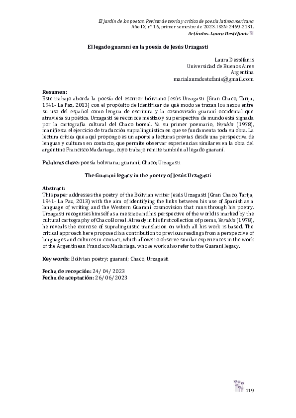 (PDF) El legado guaraní en la poesía de Jesús Urzagasti | Laura ...
