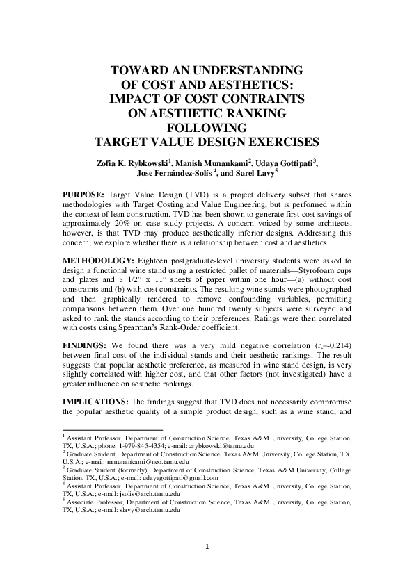 (PDF) Toward an Understanding of Cost and Aesthetics: Impact of Cost Contraints on Aesthetic ...