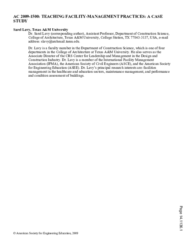 (PDF) Ac 2009-1500: Teaching Facility-Management Practices: A Case Study