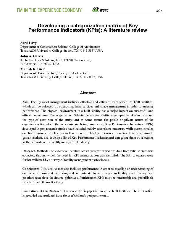 (PDF) Developing a categorization matrix of Key Performance Indicators ...