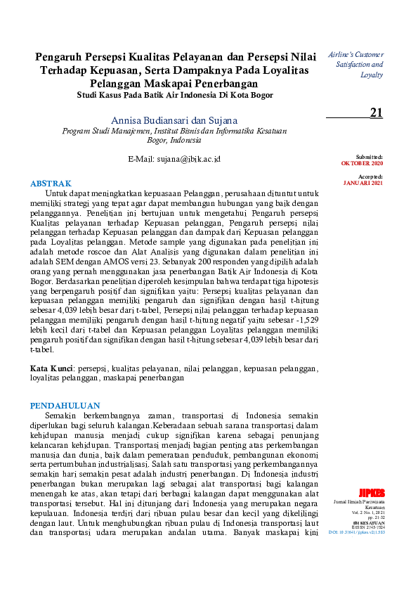 (PDF) Pengaruh Persepsi Kualitas Pelayanan dan Persepsi Nilai Terhadap Kepuasan Serta Dampaknya ...