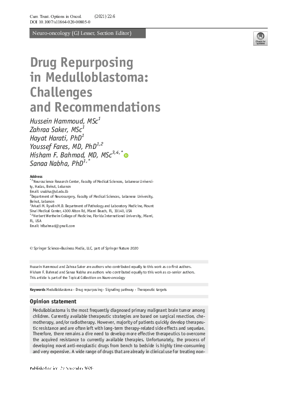 (PDF) Drug Repurposing in Medulloblastoma: Challenges and Recommendations