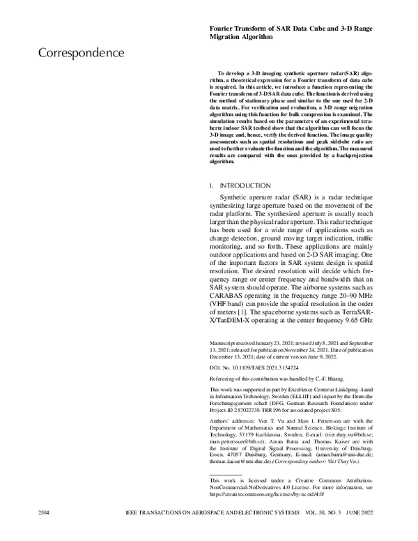 (PDF) Fourier Transform of SAR Data Cube and 3-D Range Migration Algorithm