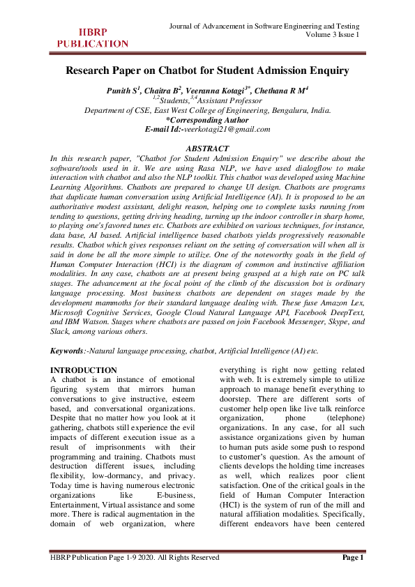(PDF) Research Paper on Chatbot for Student Admission Enquiry