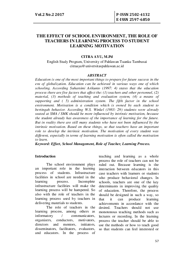 (PDF) The Effect of School Environment, the Role of Teachers in Learning Process to Student ...