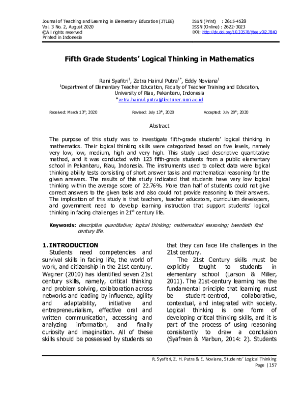 Fifth Grade Students’ Logical Thinking in Mathematics