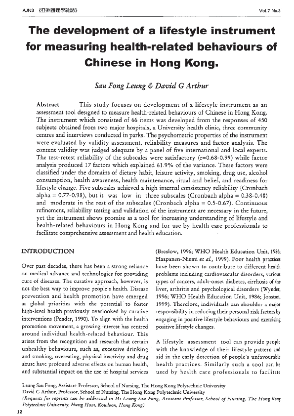 (PDF) The development of a lifestyle instrument for measuring health ...