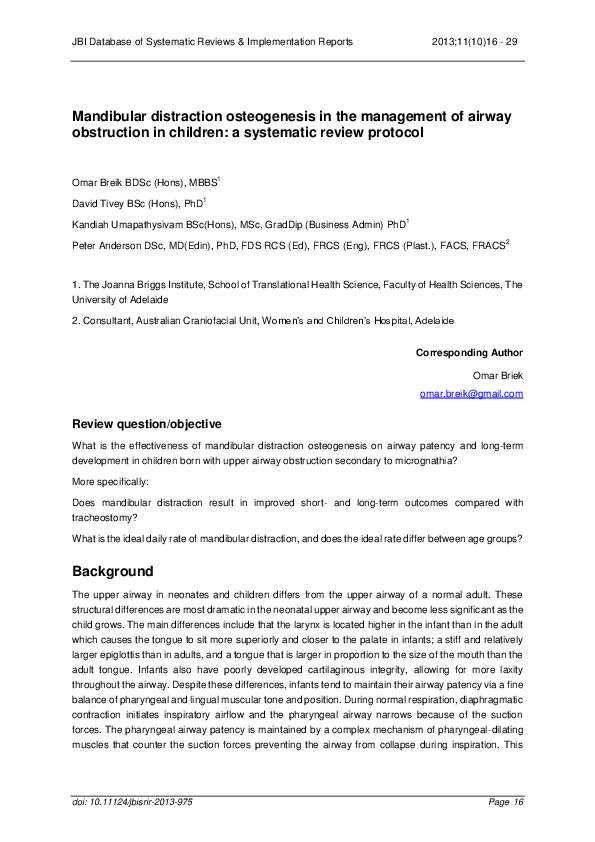 (PDF) Mandibular distraction osteogenesis in the management of airway obstruction in children: A ...