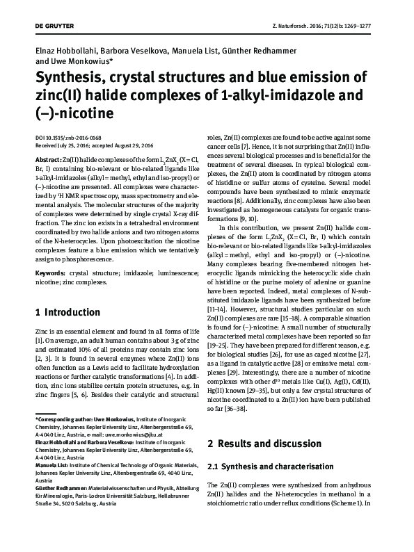 (PDF) Synthesis, crystal structures and blue emission of zinc(II) halide complexes of 1-alkyl ...